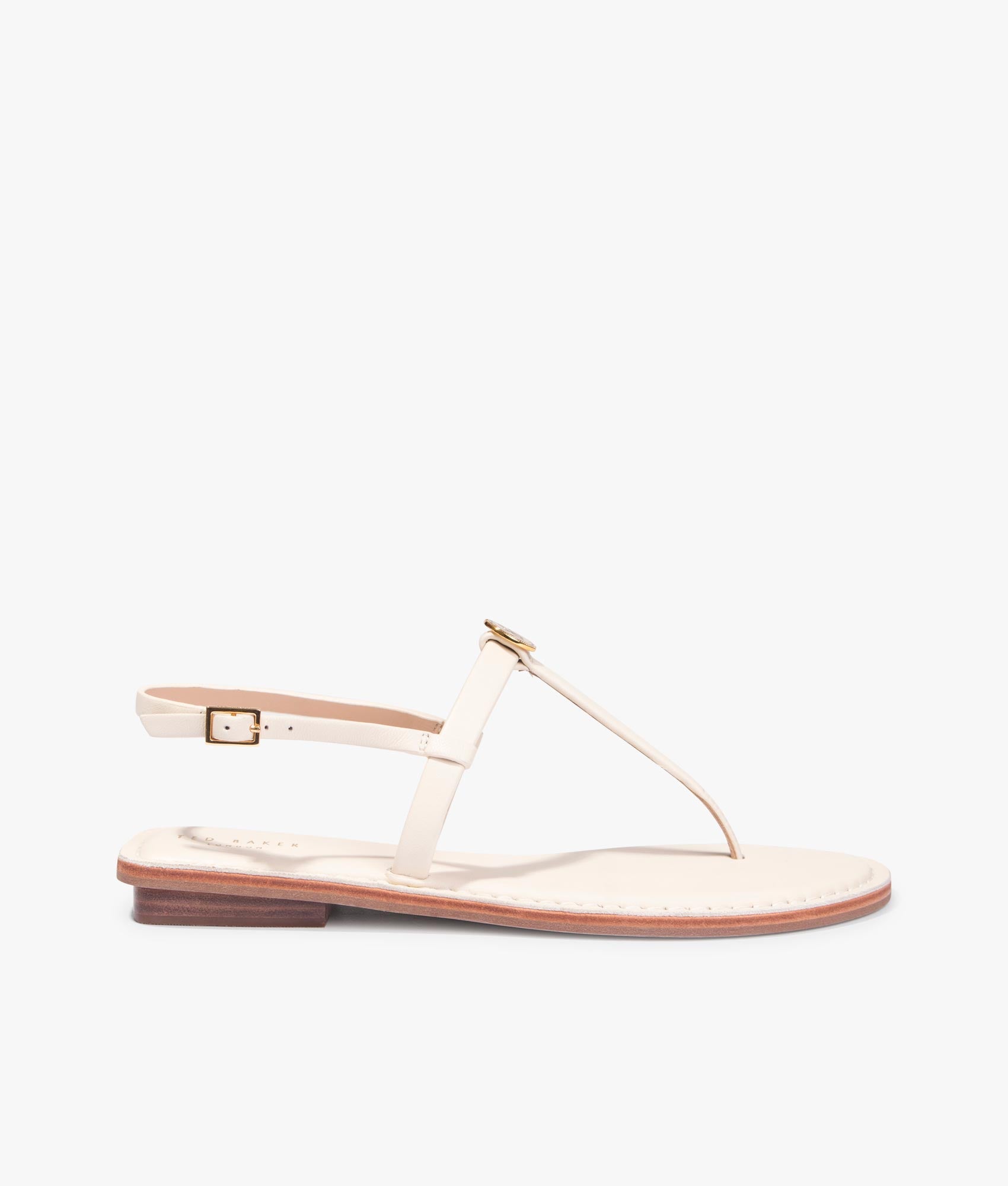 Harpurr flat t-strap sandal with signature coin in ecru | Ted Baker ...
